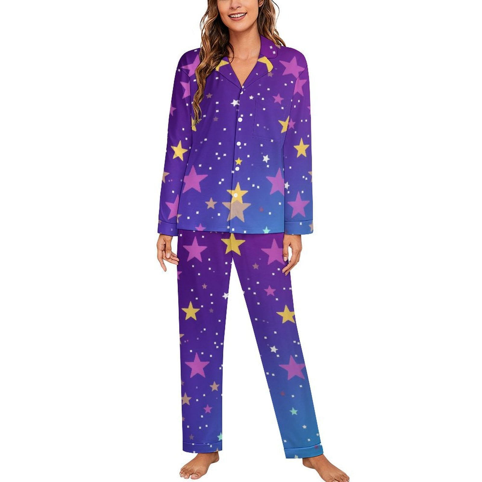 Colored Stars Pajamas Long-Sleeve Two Piece Pajamas Set Women V Neck ...