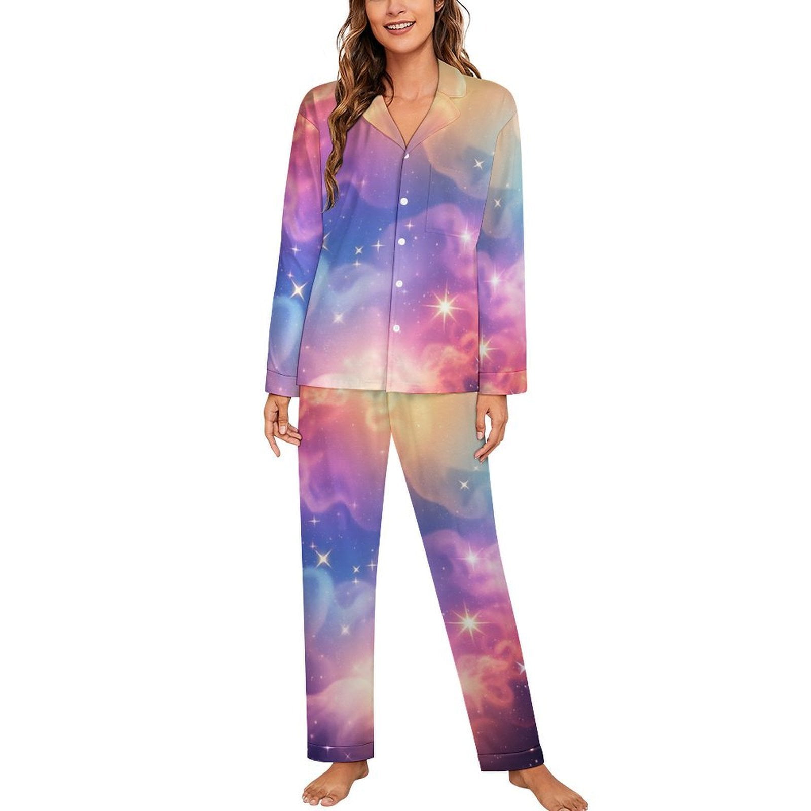 Colored Stars Pajamas Night V Neck Nightwear Lady Two Piece Long Sleeve ...