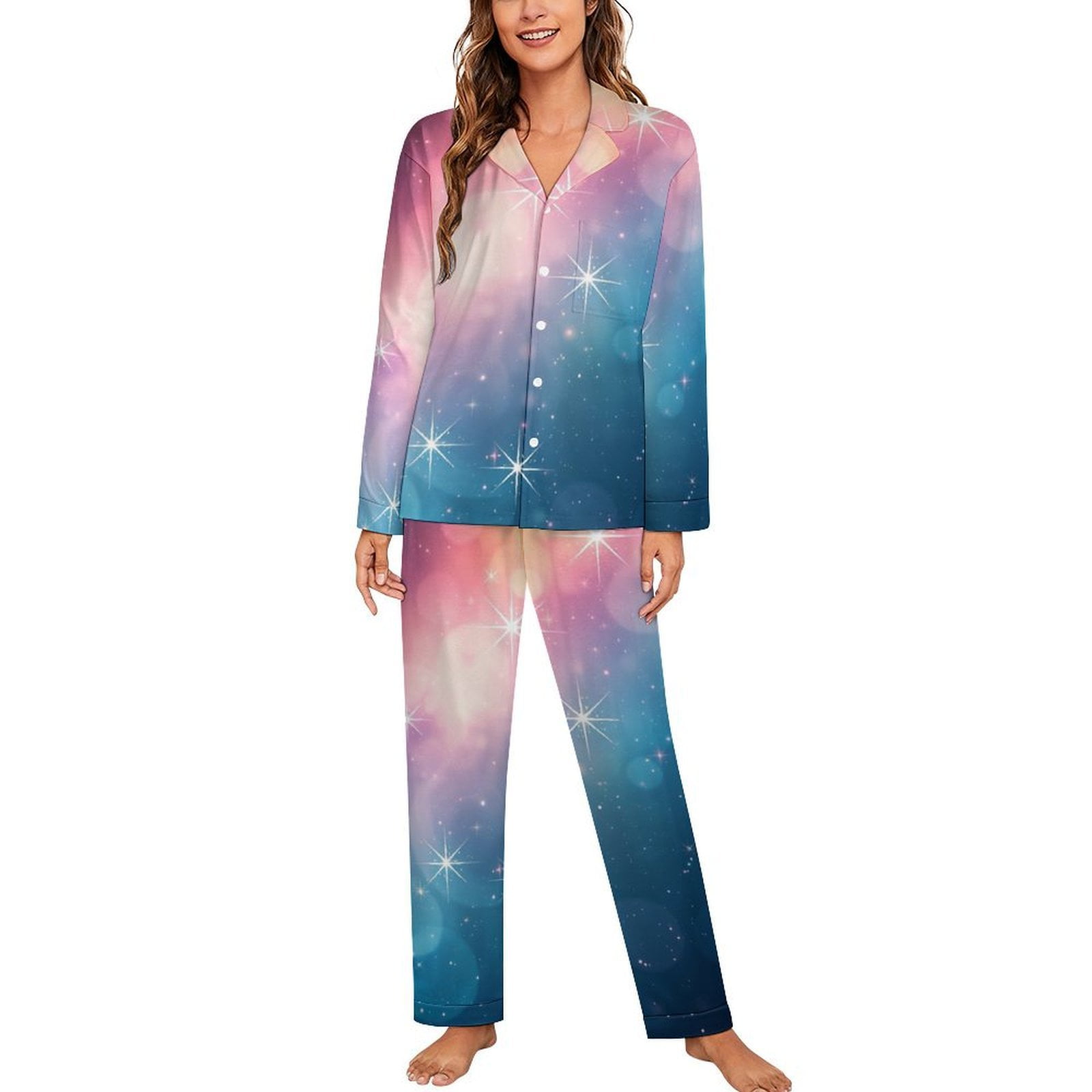 Colored Stars Pajamas Night V Neck Nightwear Lady Two Piece Long Sleeve ...