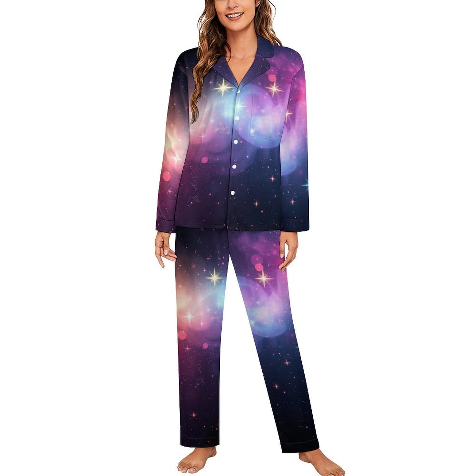 Colored Stars Pajamas Night V Neck Nightwear Lady Two Piece Long Sleeve ...