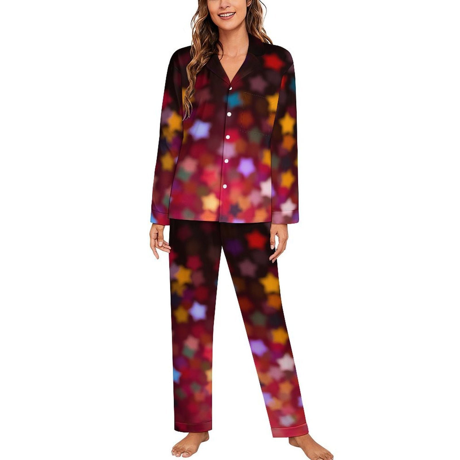 Colored Stars Pajamas Woman Home Suit Autumn Long Sleeve 2 Piece Night ...