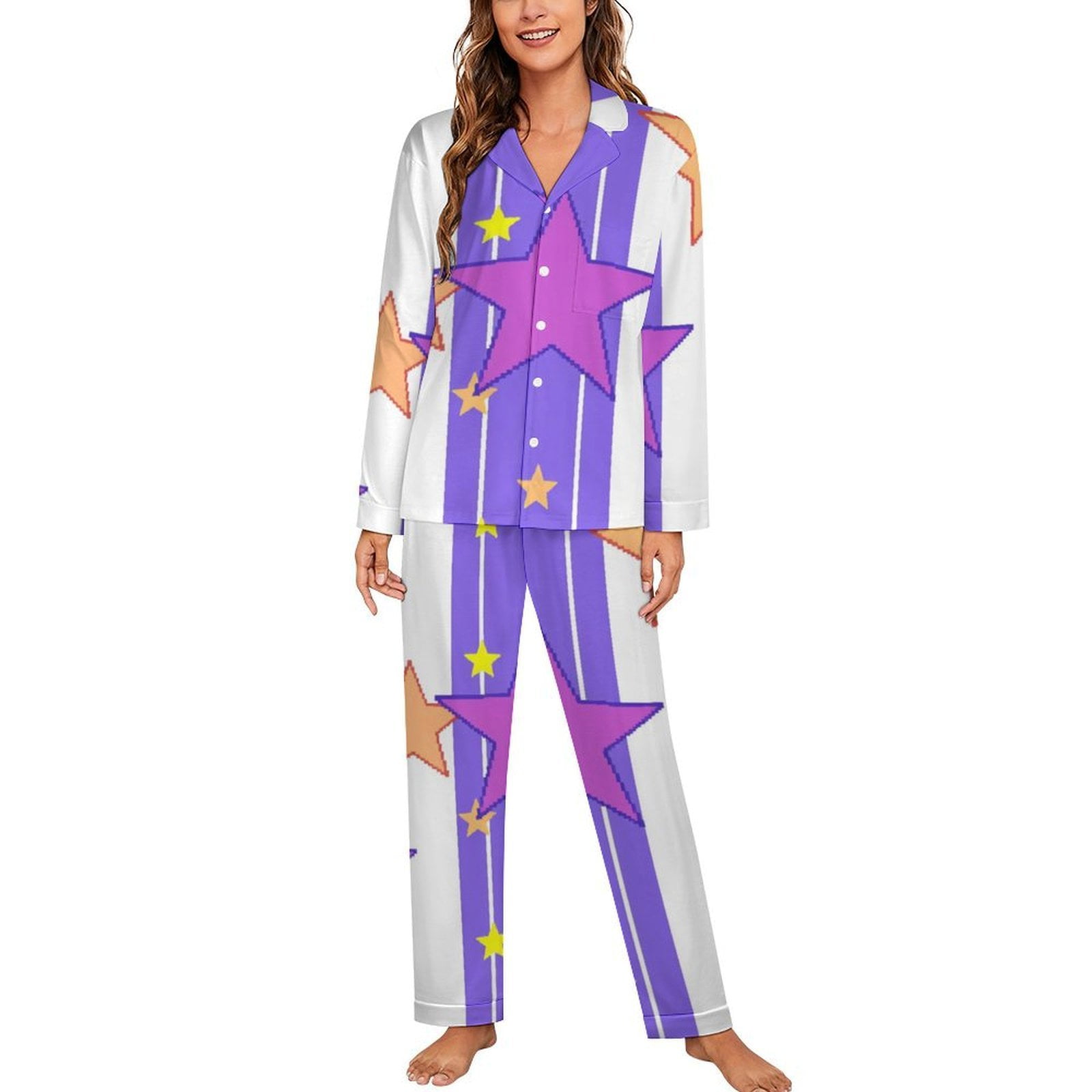 Colored Stars Pajamas Woman Home Suit Autumn Long Sleeve 2 Piece Night ...