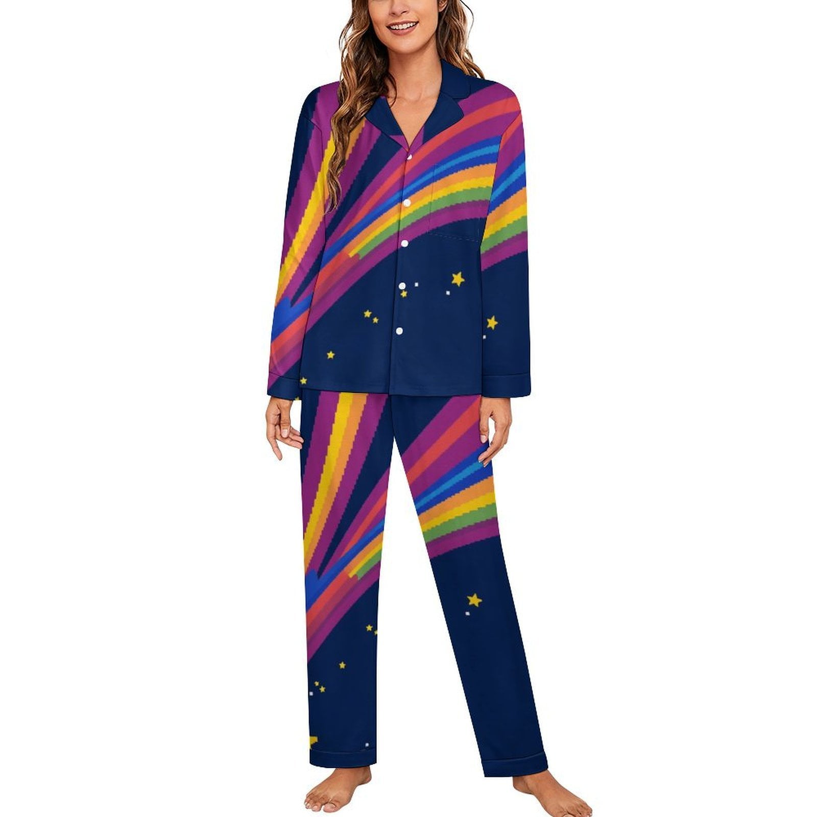 Colored Stars Pajamas Woman Home Suit Autumn Long Sleeve 2 Piece Night ...