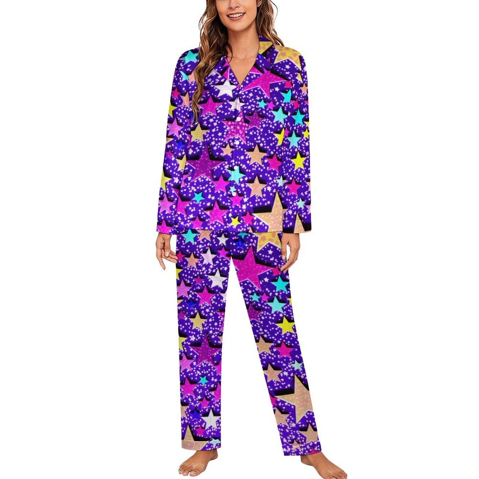 Colored Stars Pajamas Woman Home Suit Autumn Long Sleeve 2 Piece Night ...