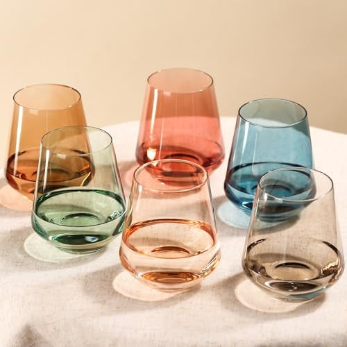 Colored Stemless Wine Glasses Set of 6-17 oz Hand-Blown Crystal Colored ...