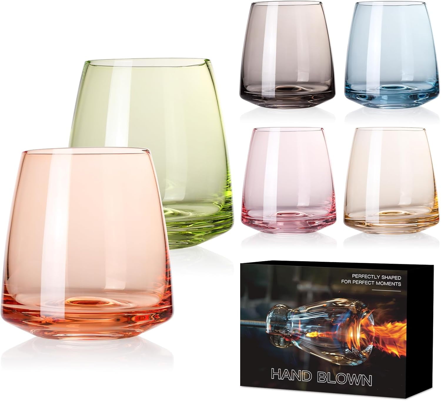 Colored Stemless Wine Glasses Set 6-Colorful Stemless Wine Glasses for ...
