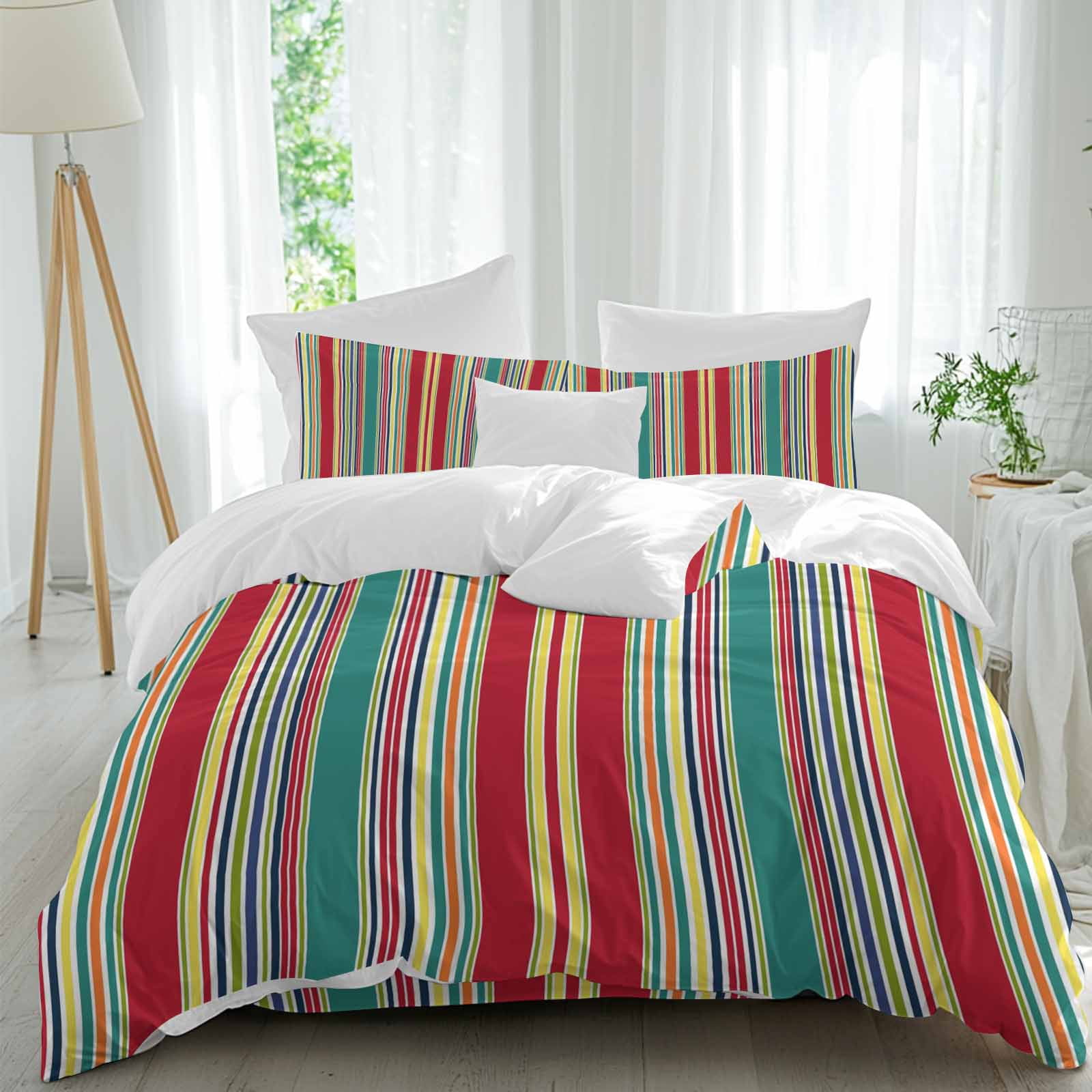 Colored Stripes Comforter Set Full Size, Abstract Red Teal Yellow ...