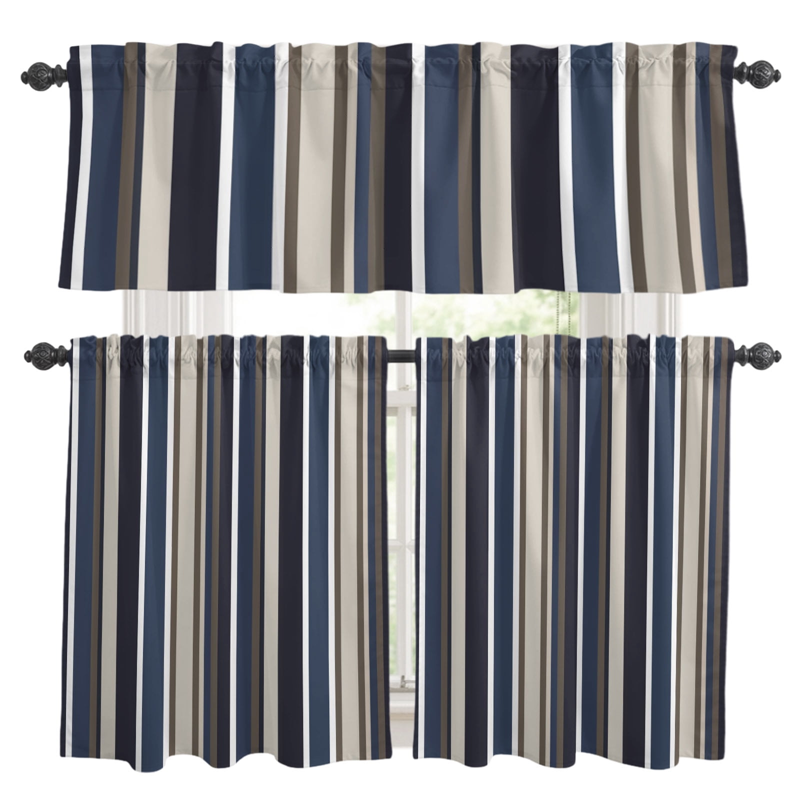 Colored Stripes Kitchen Curtains Set for Windows, Abstract Blue Beige ...