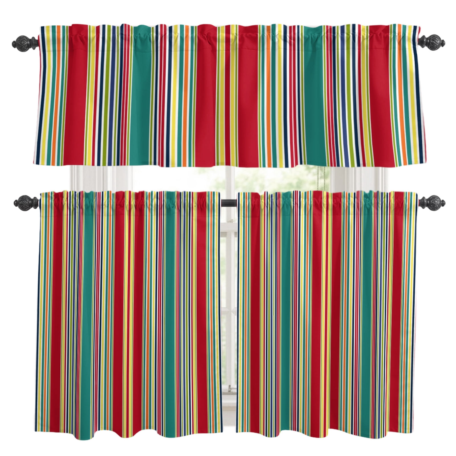 Colored Stripes Kitchen Curtains and Valances Set, Abstract Red Teal ...