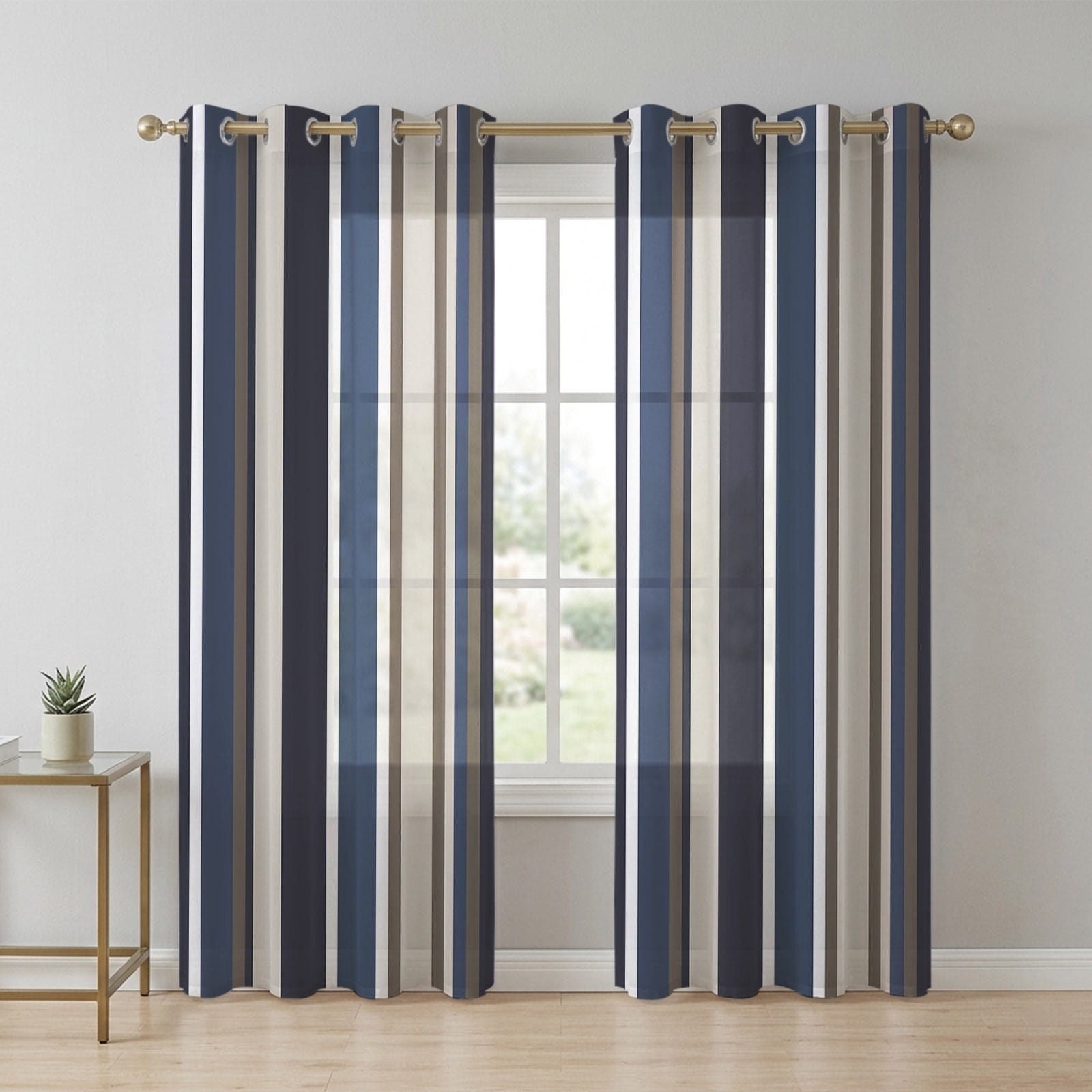 Colored Stripes Sheer Curtains 84 Inch Long 2 Panels, Abstract Blue ...
