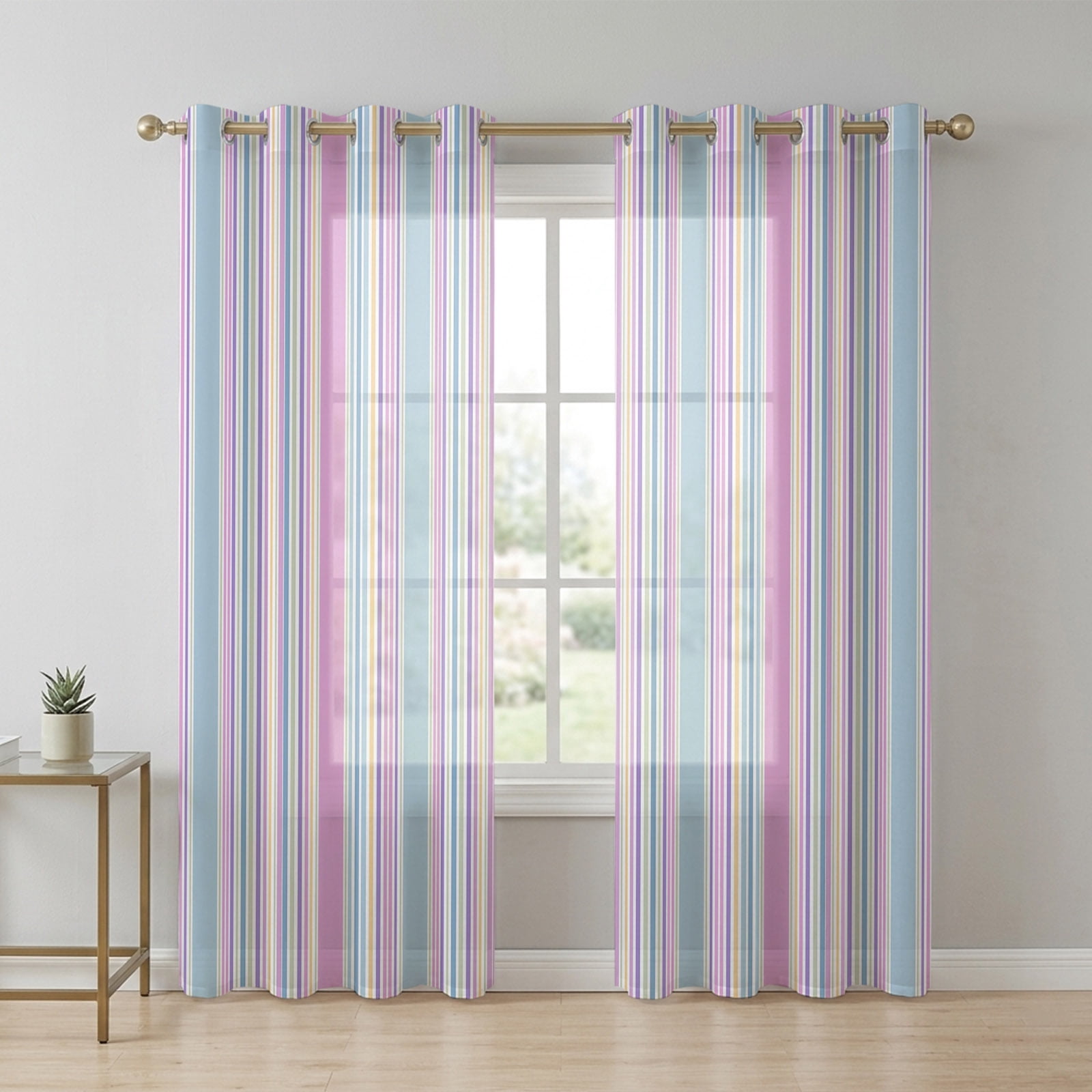Colored Stripes Sheer Curtains 90 Inch Long 2 Panels, Abstract Pink ...