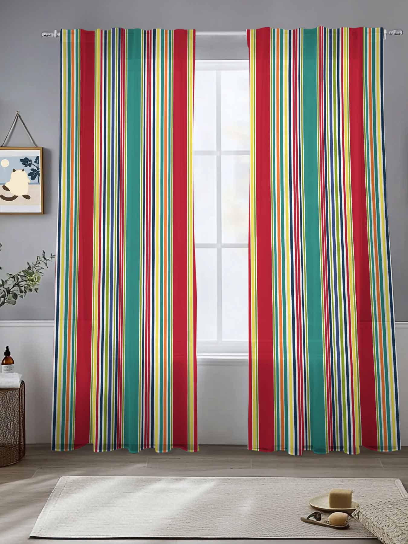 Colored Stripes Sheer Curtains 96 inches Long, Abstract Red Teal Yellow ...