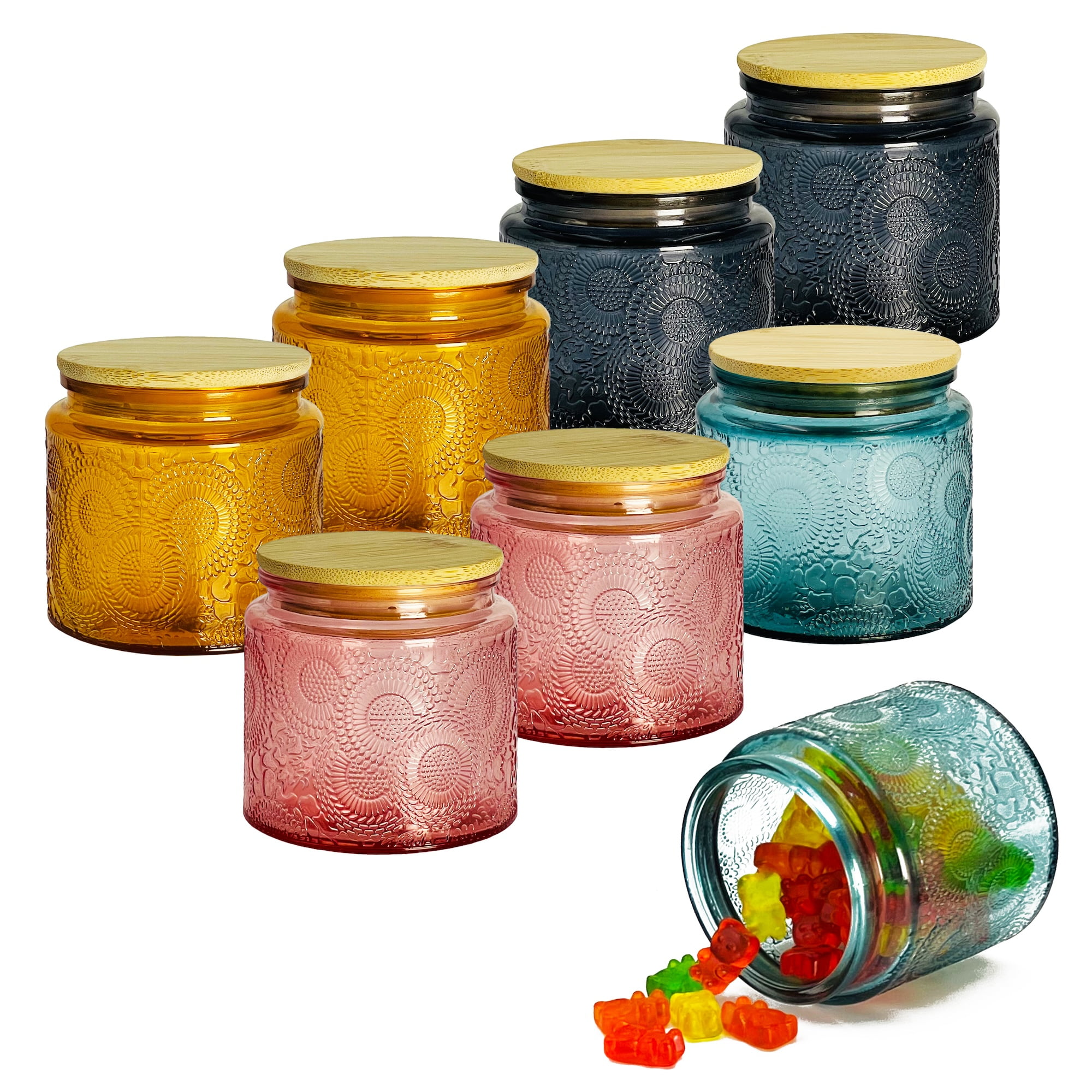 Colored Vintage Glass Jars With Bamboo Lids 12oz 8pack Embossed Airtight Storage Containers