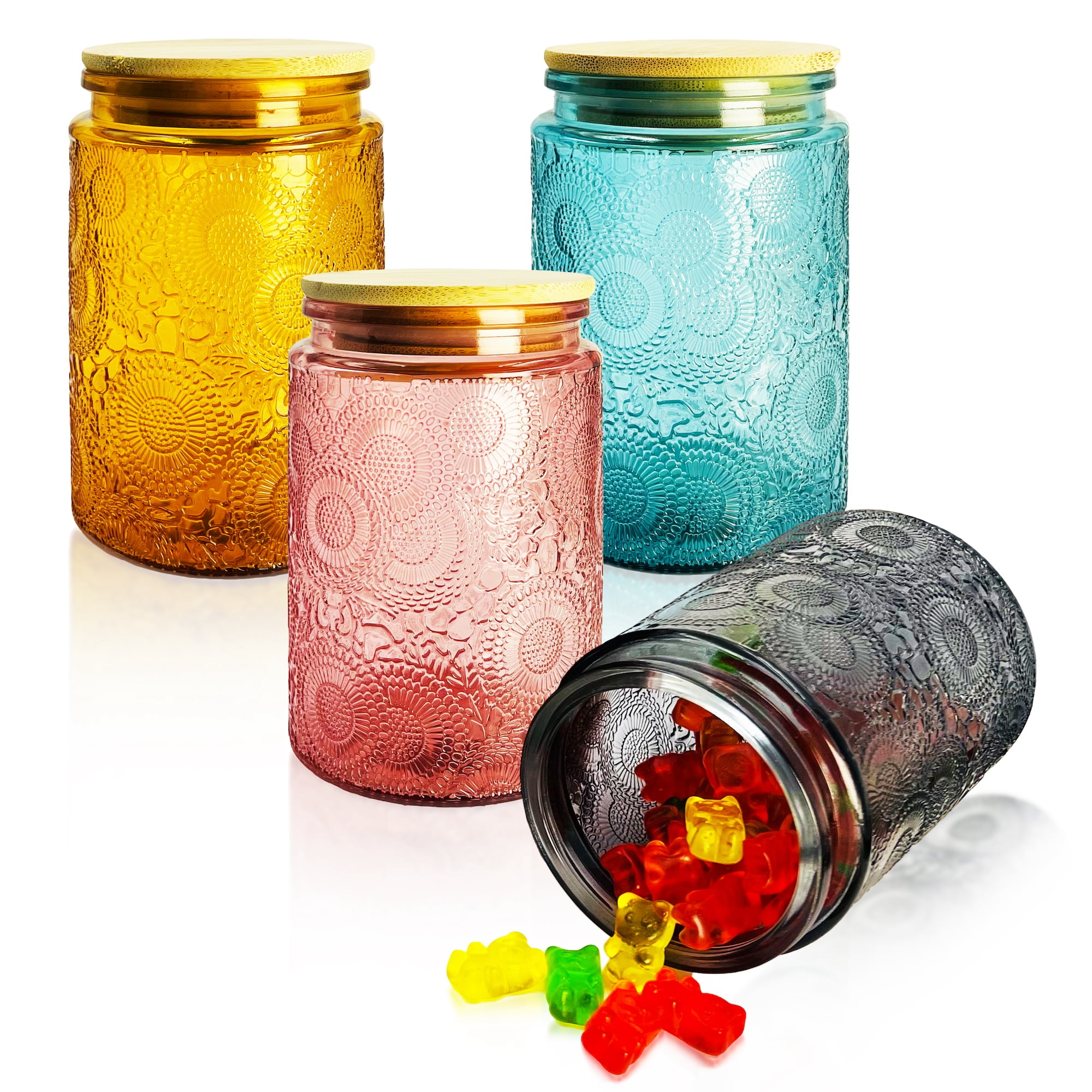 Colored Vintage Glass Jars With Bamboo Lids, 18oz 4Pack Embossed ...
