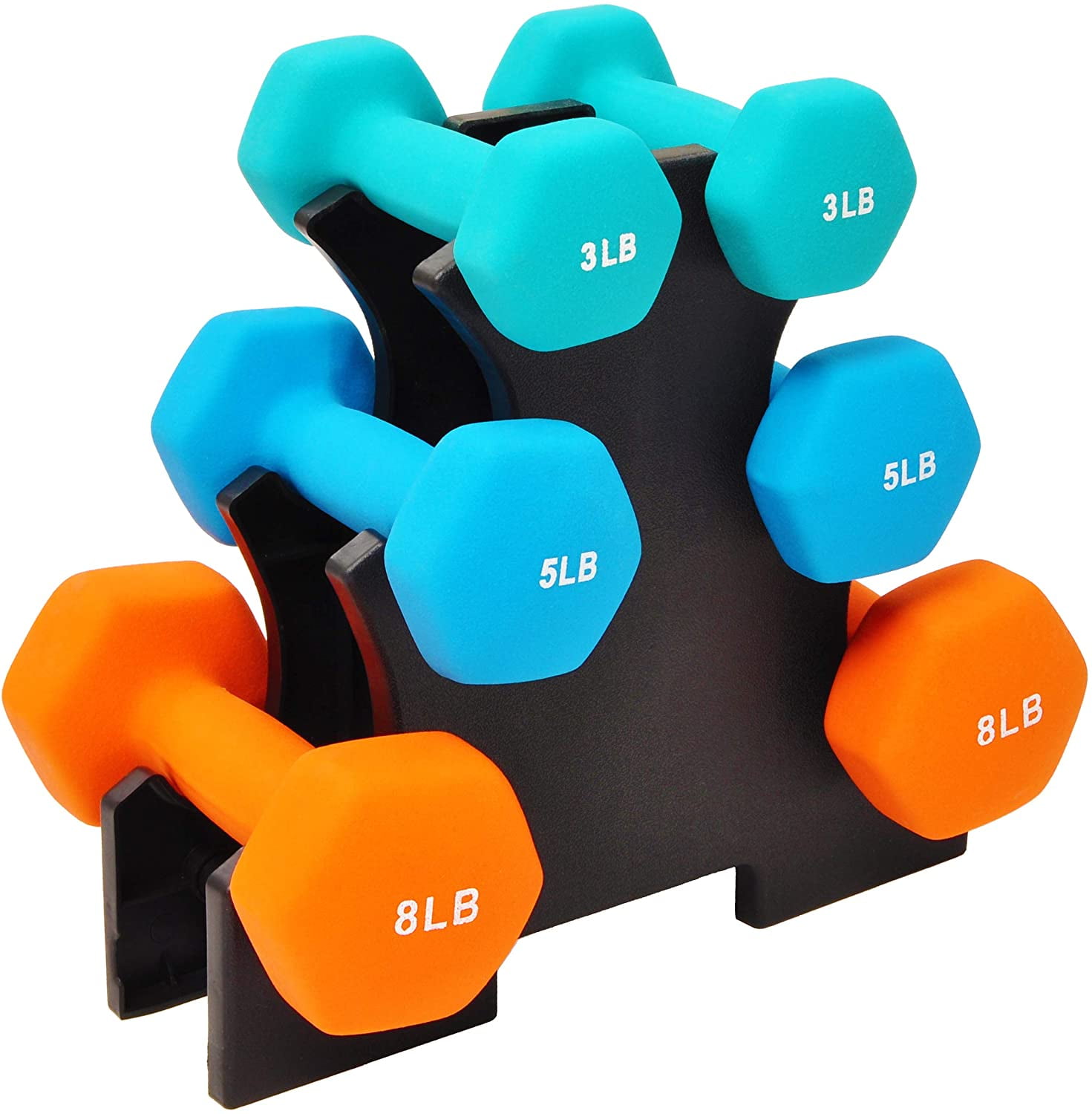 Colored Vinyl or Neoprene Coated Dumbbell Set with Stand, 32-Pound Set ...