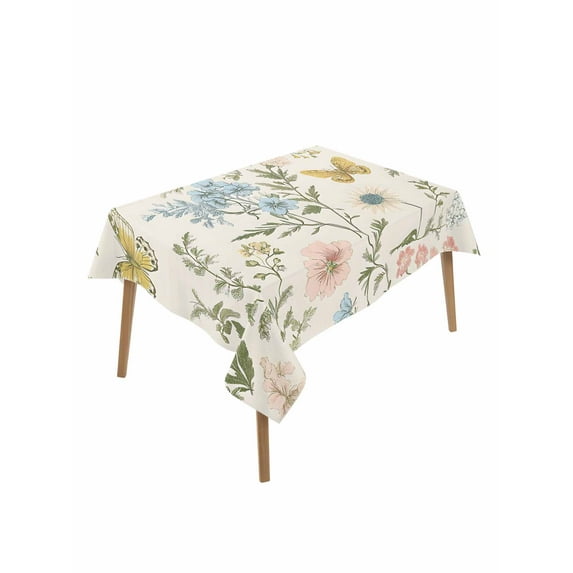 Colored Wildflowers Rectangle Tablecloth Butterfly Leaf Linen Texture ...