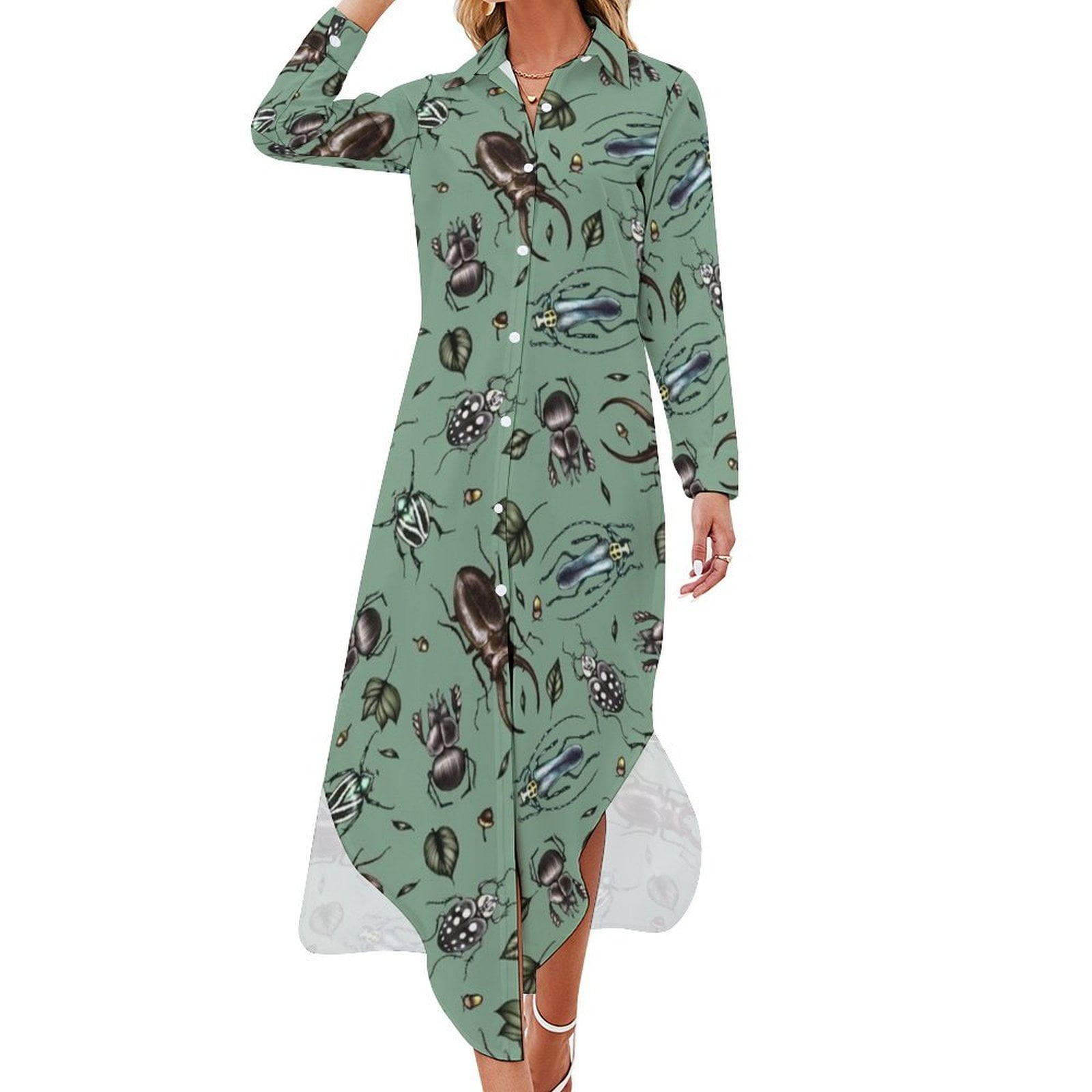 Colored beetle pattern - Insect collection Long Sleeved Shirt Dress ...