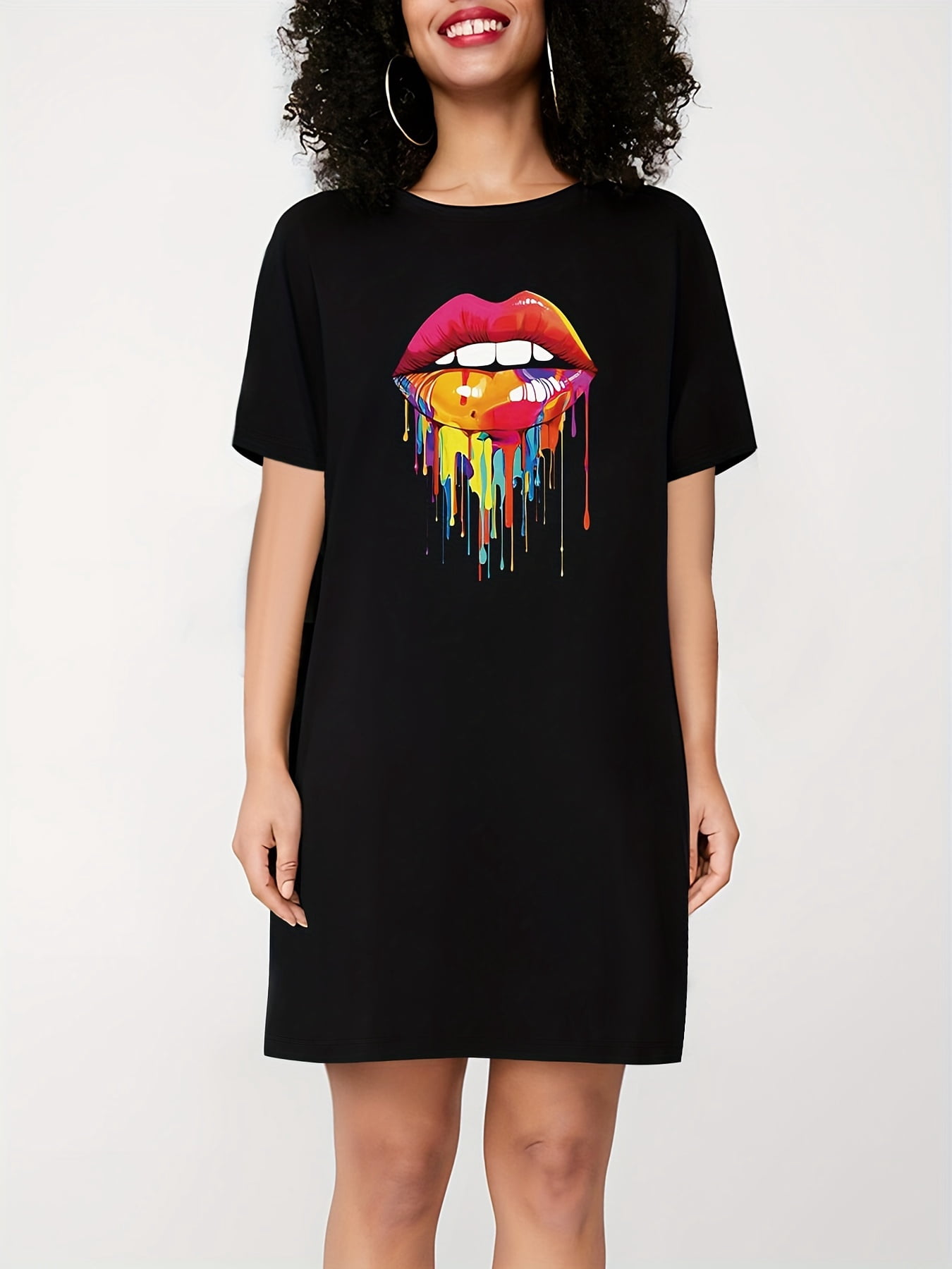 Colored lips Graphic Print Crew Neck Tee Dress, Casual Short Sleeve ...