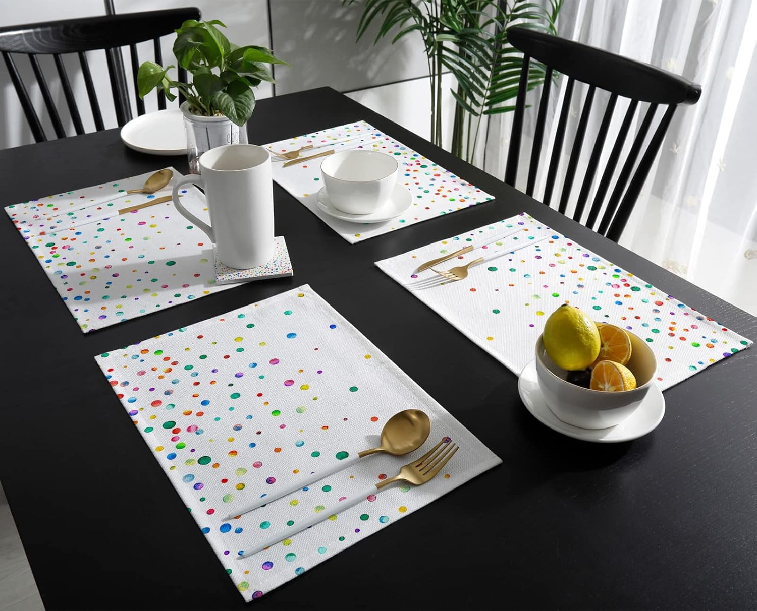 ColoredBoho Polka Dot Placemats Set of 6 - Washable Woven Burlap Cloth ...