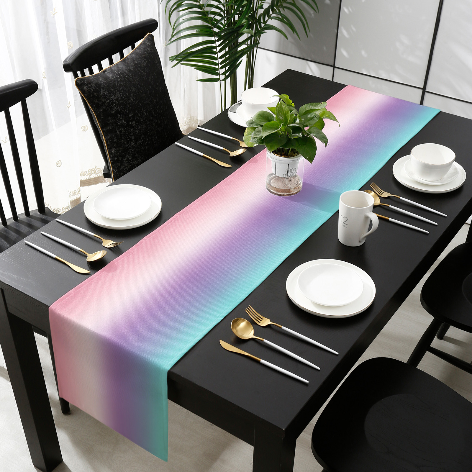 Coloredd Rainbow, Cotton Linen Small Table Runner 13 x 48 inch Ombre ...