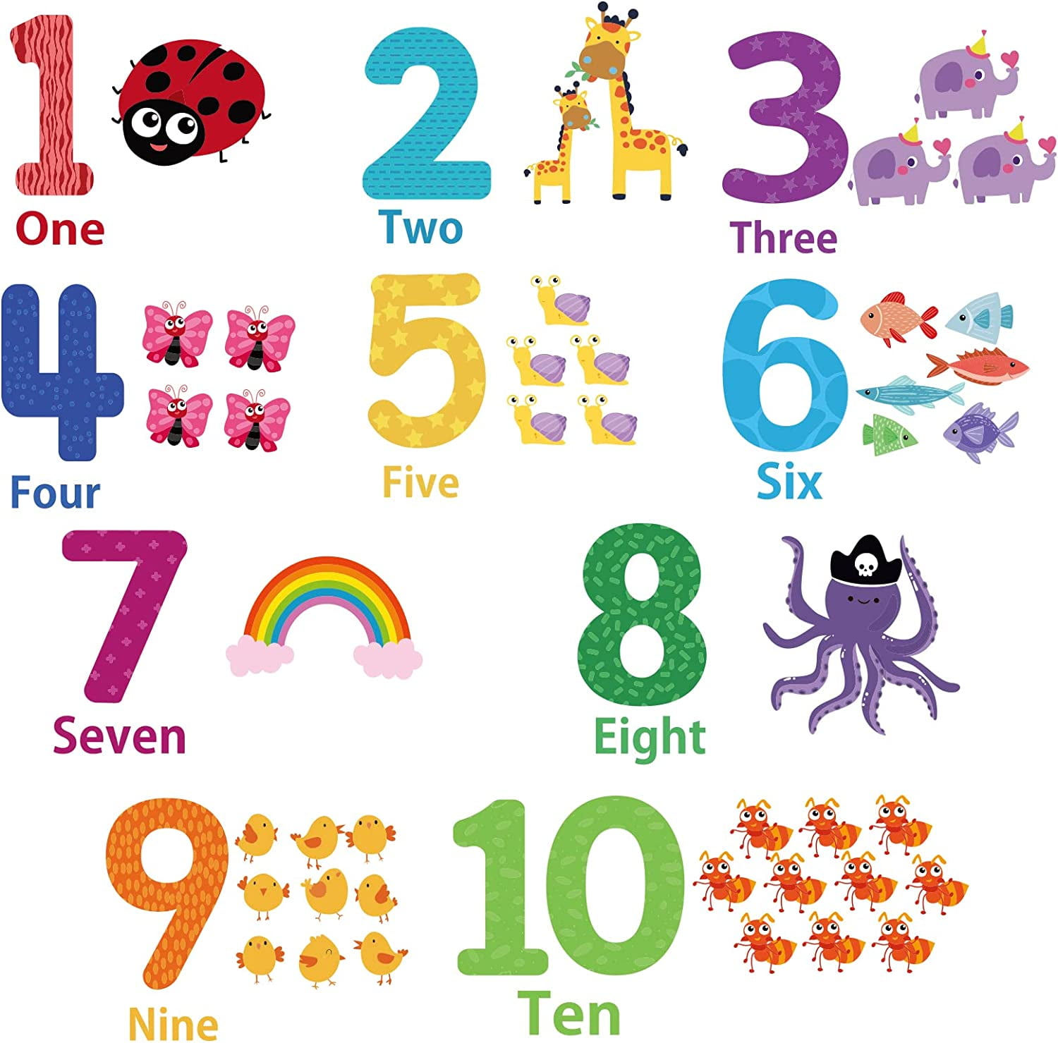 Colorful 1-10 Number PVC Wall Sticker Animals and Insects Patterns ...