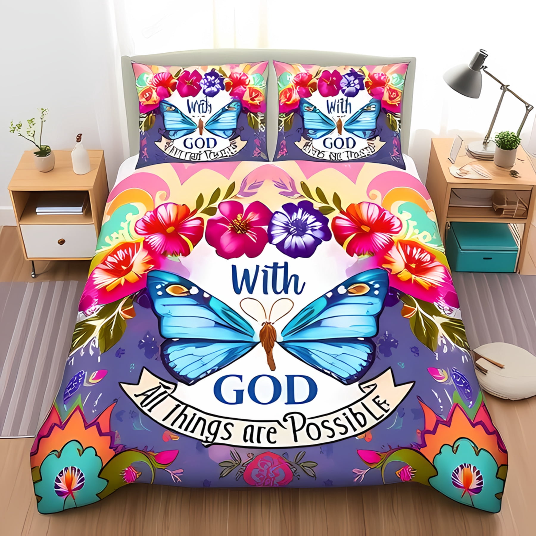 Colorful 3-Piece Duvet Cover Set with Butterfly & Floral Design ...
