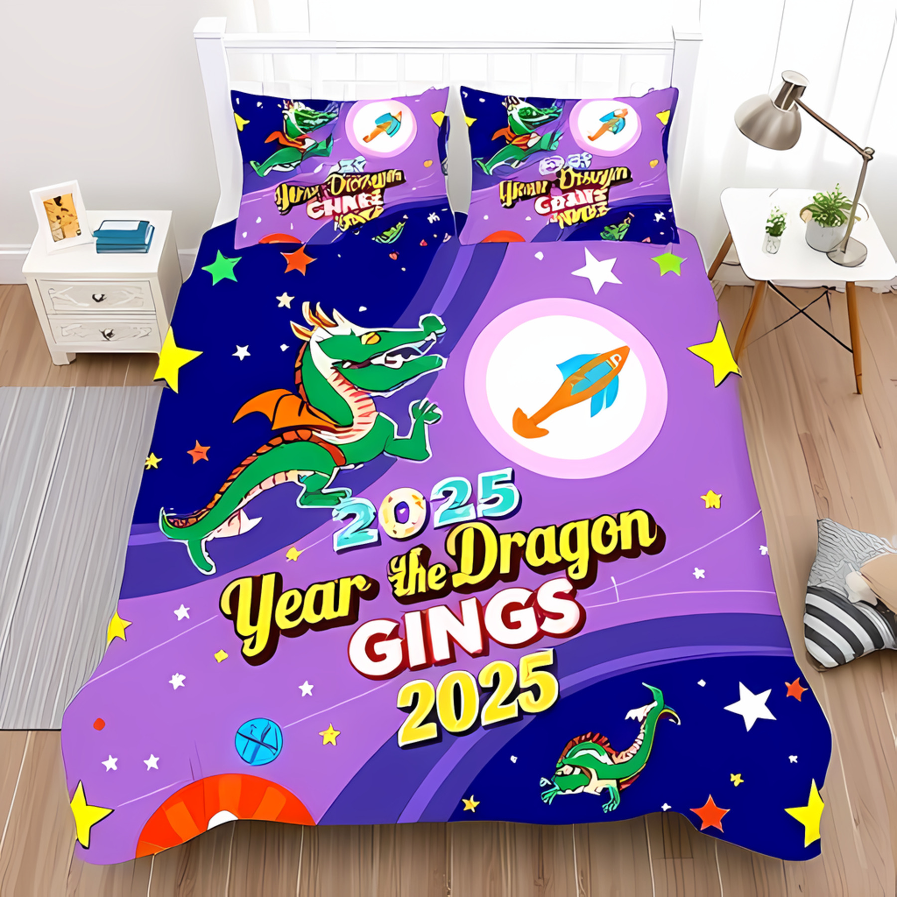 Colorful 3-Piece Duvet Cover Set with Dragon Theme - Green Dragon with ...