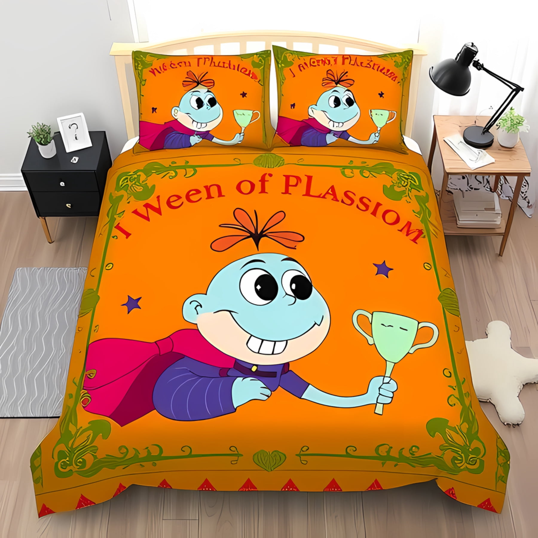 Colorful 3-Piece Duvet Cover Set Featuring Cartoon Character in Red ...