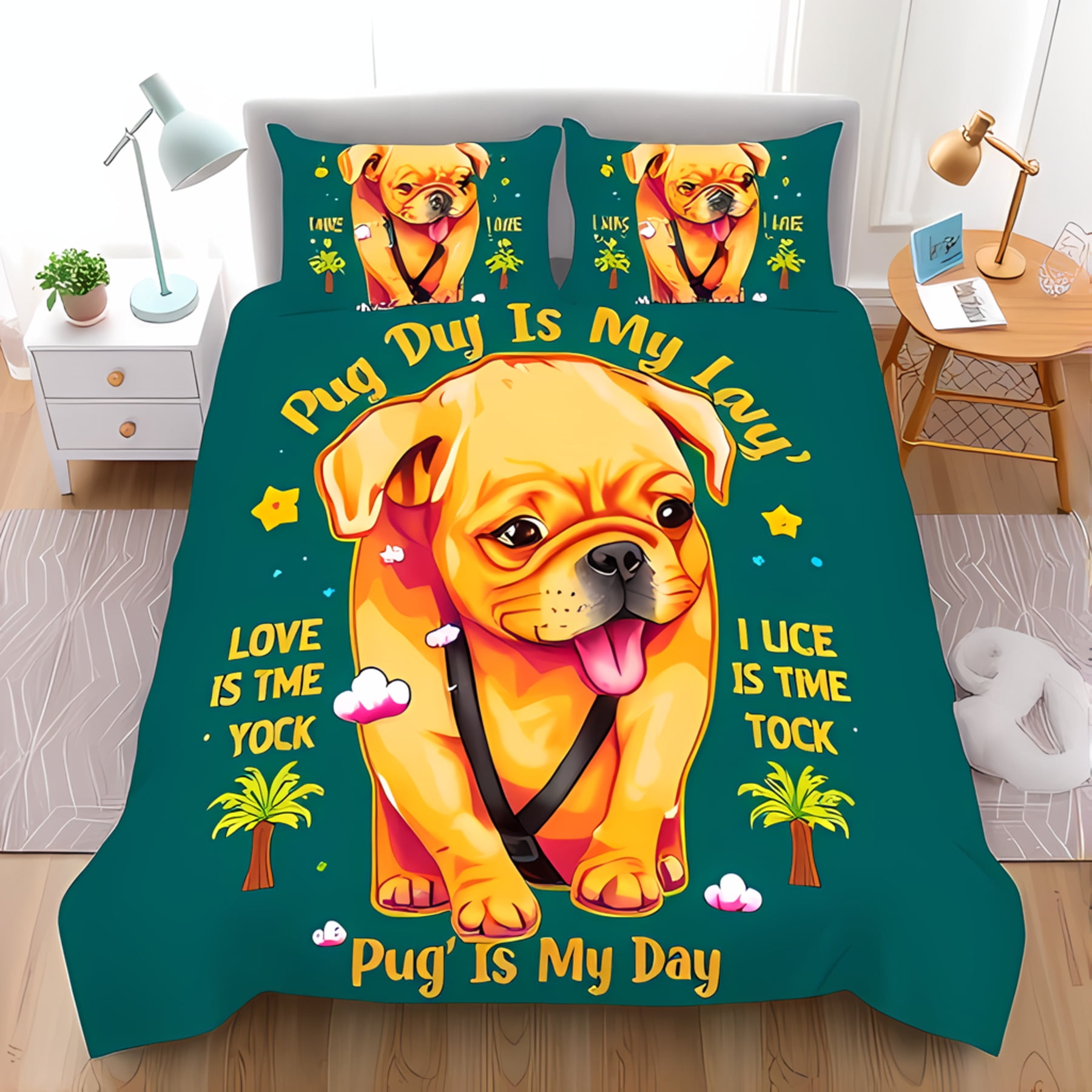 Colorful 3-Piece Duvet Cover Set Featuring Cartoon Pug Dog in Black on ...
