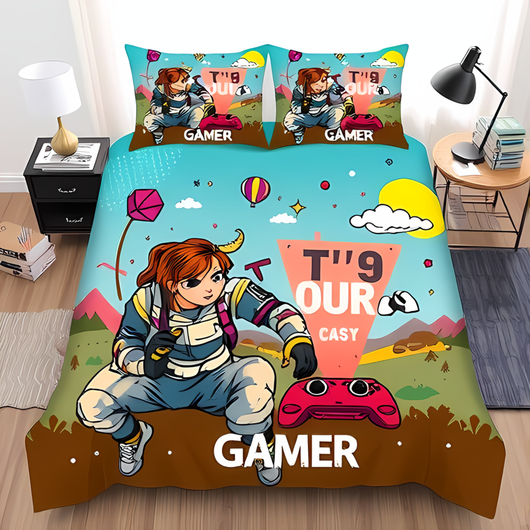 Colorful 3-Piece Duvet Cover Set Featuring Cartoon Space Character with ...