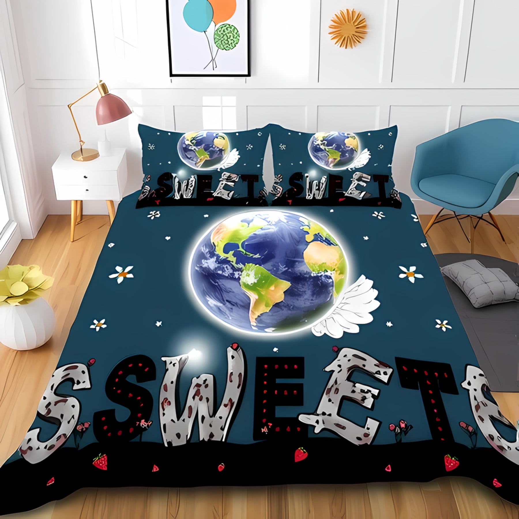 Colorful 3-Piece Duvet Cover Set Featuring Earth Clouds & Wings Design ...