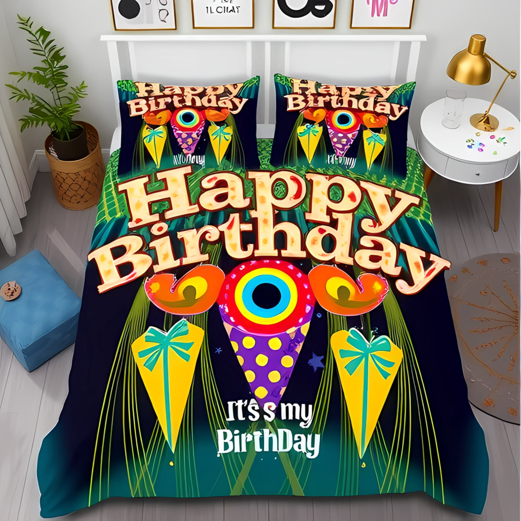 Colorful 3-Piece Duvet Cover Set - Happy Birthday Design with Ice Cream ...