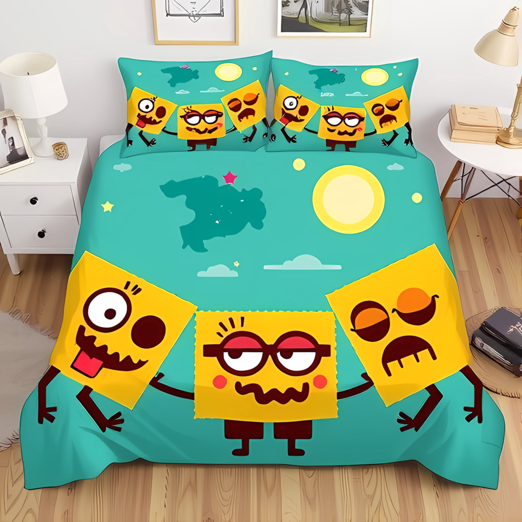 Colorful 3-Piece Duvet Cover Set with Playful Cartoon Characters Yellow ...