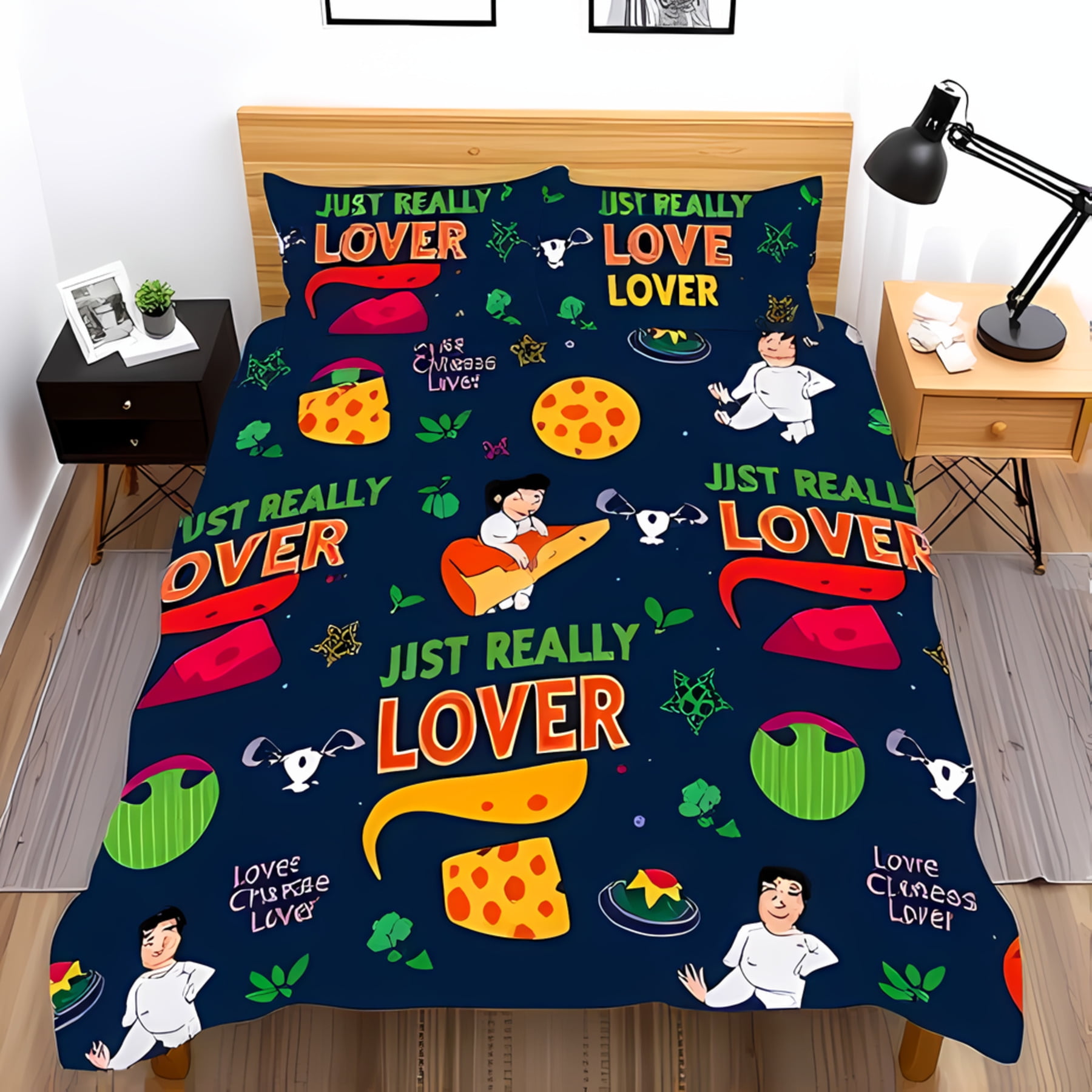 Colorful 3-Piece Duvet Cover Set with Playful Cartoon Design - Navy Blue Background Featuring ...