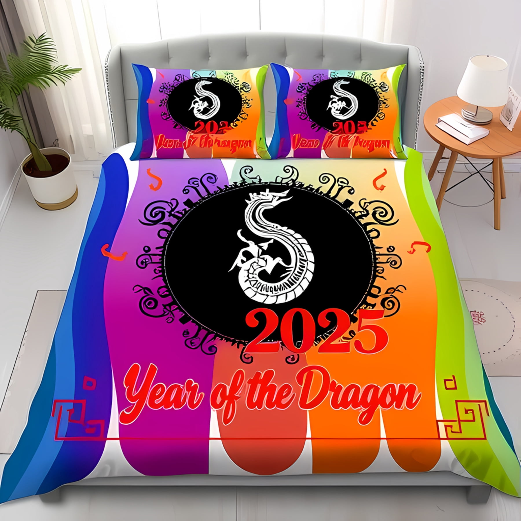 Colorful 3-Piece Duvet Cover Set with White Dragon Design Festive ...