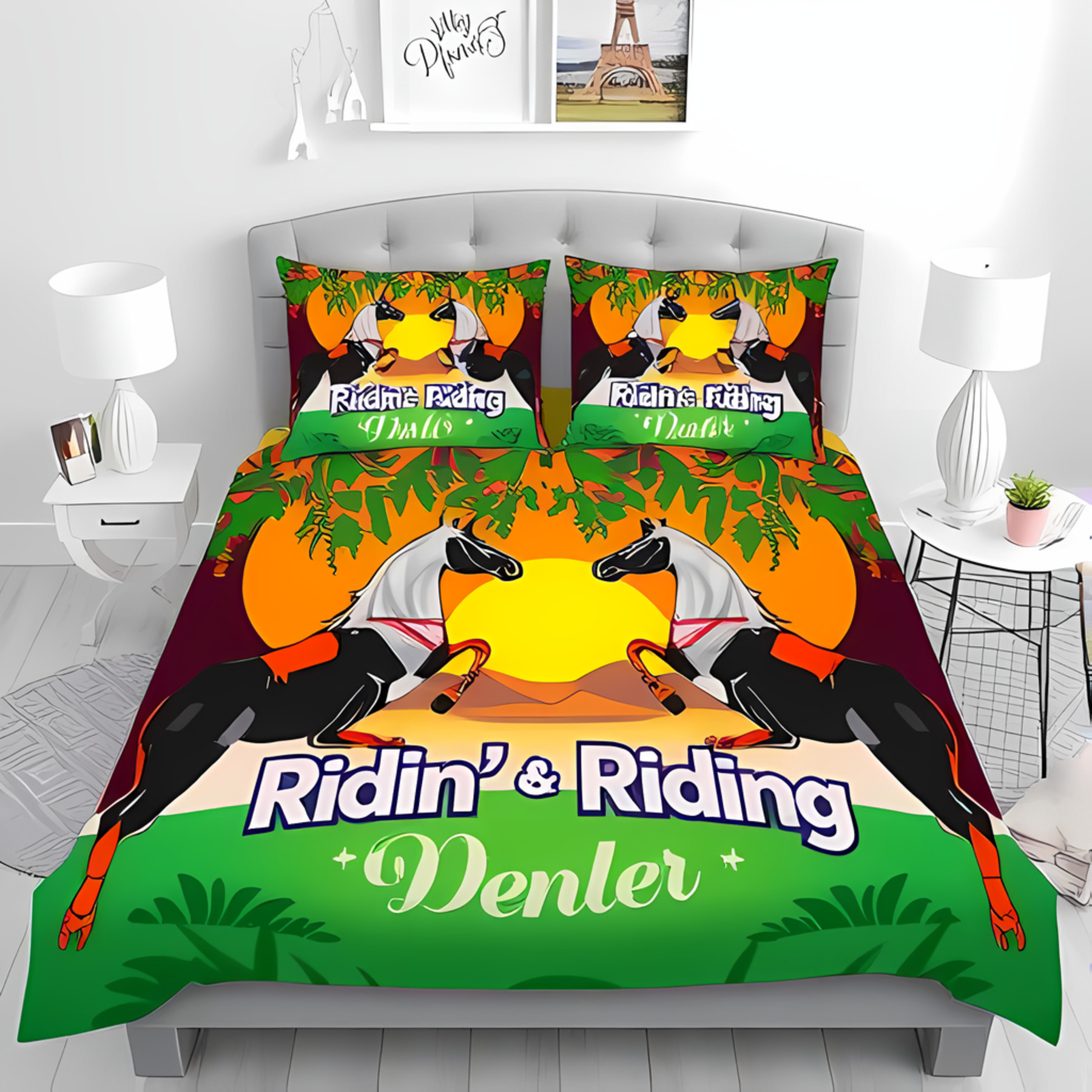 Colorful 3-Piece Duvet Cover Set with Black & White Horses Green ...