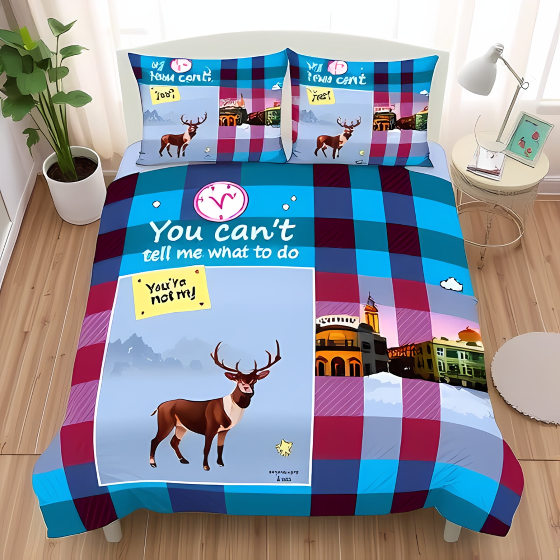 Colorful 3-Piece Duvet Cover Set with Blue & Purple Checkered Pattern ...