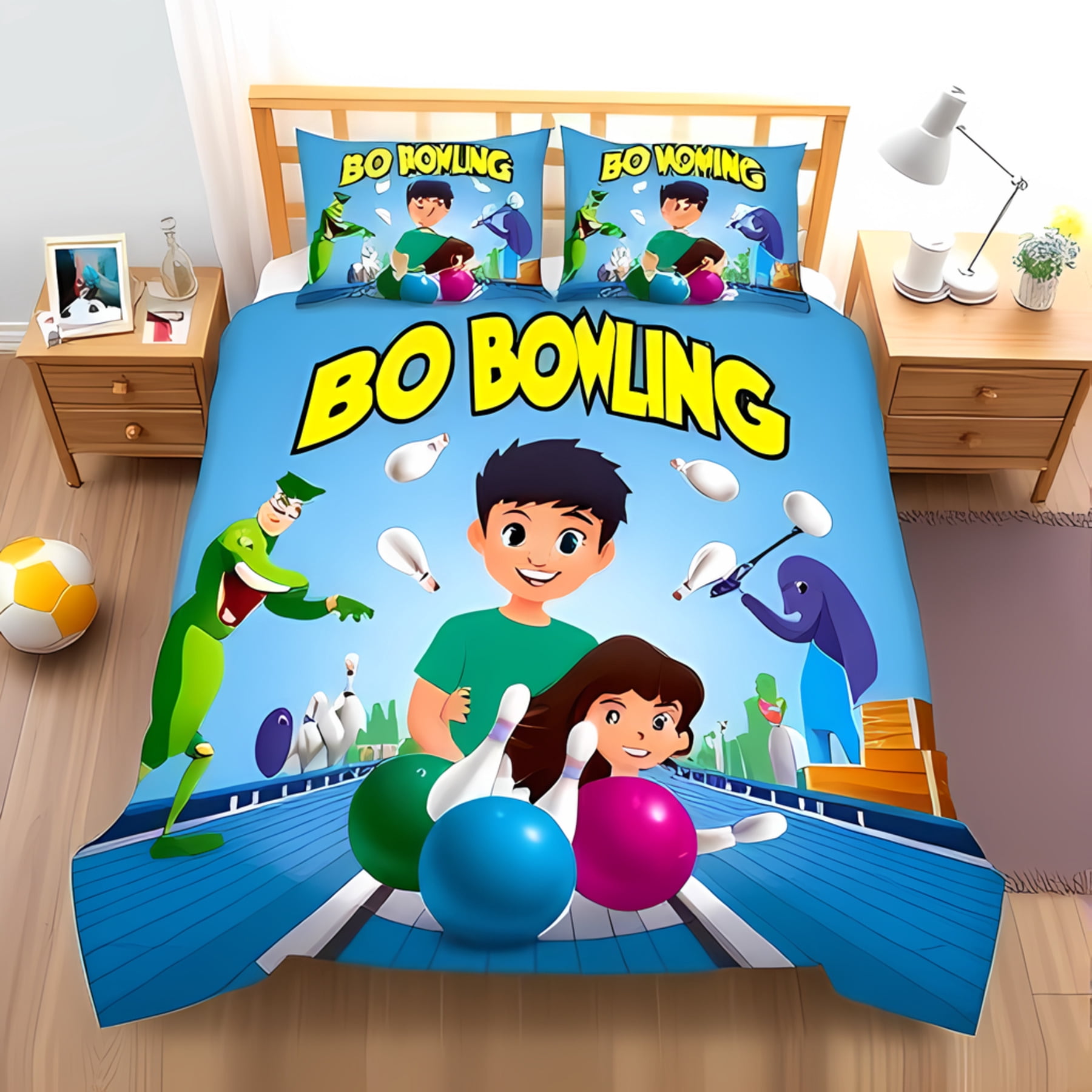 Colorful 3-Piece Duvet Cover Set with Bowling Theme Featuring Cartoon ...