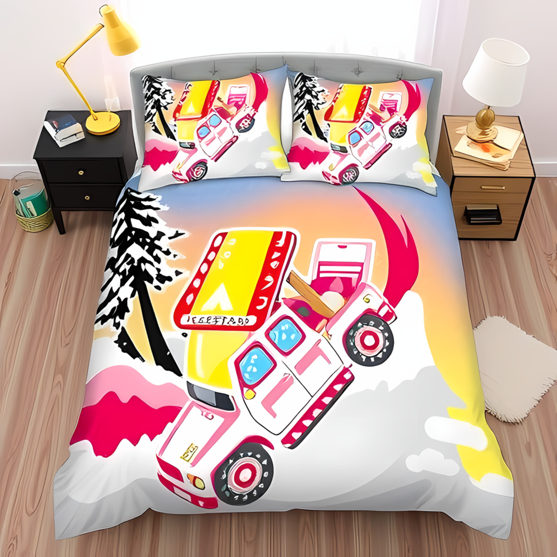 Colorful 3-Piece Duvet Cover Set with Cartoon Ambulance Design Pink ...