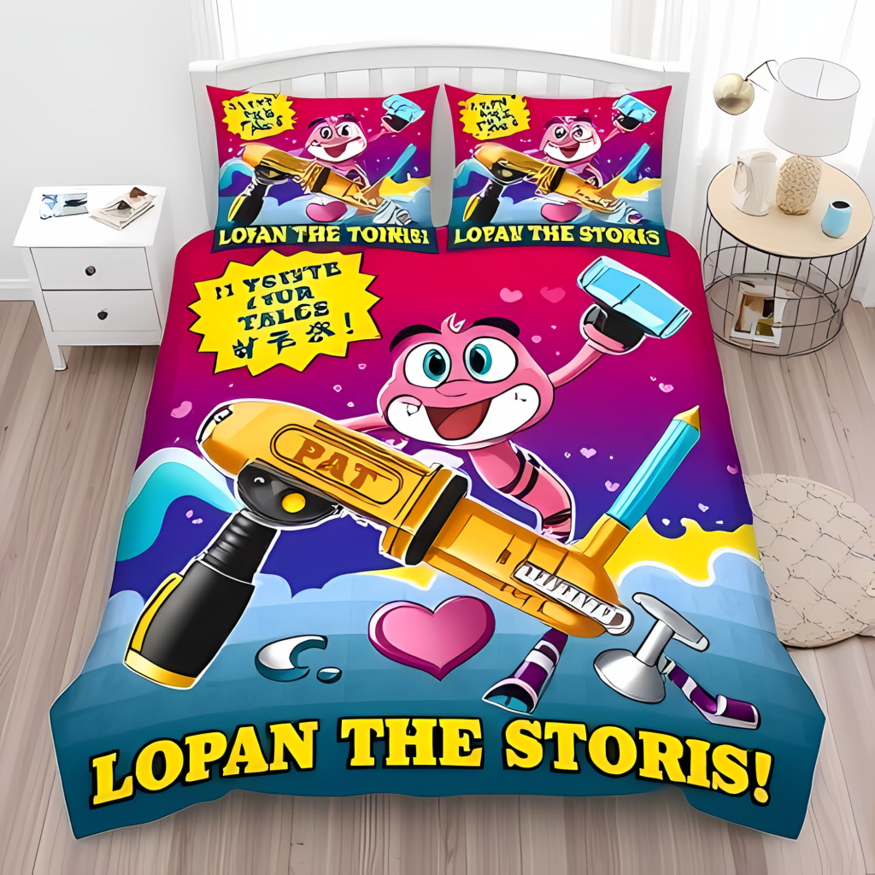 Colorful 3-Piece Duvet Cover Set with Cartoon Character Hearts & Blue Waves - " LOPAN THE STORIS ...