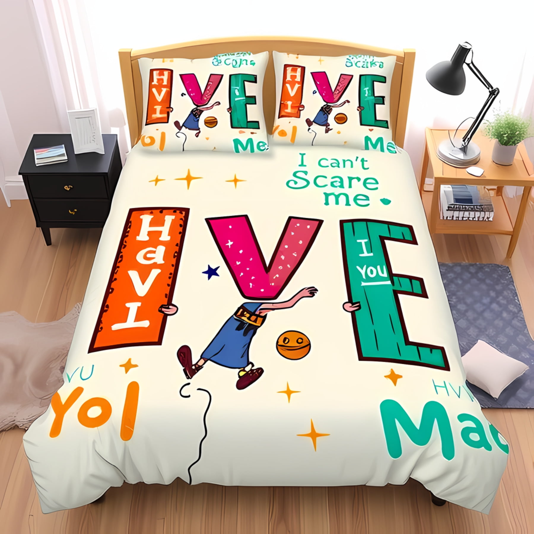 Colorful 3-Piece Duvet Cover Set with 'HVE' Design Fun Character in ...