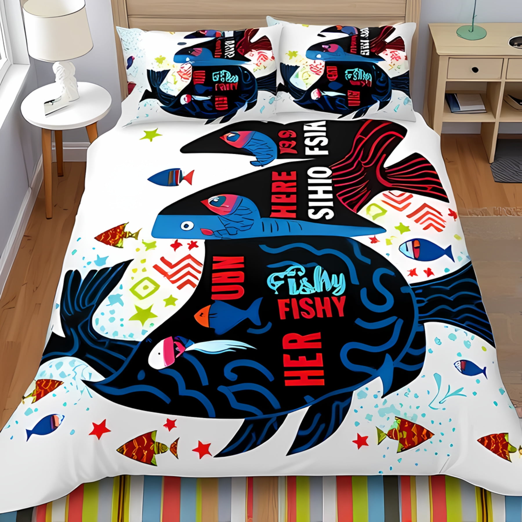 Colorful 3-Piece Duvet Cover Set with Large Fish Patterns Bold Text ...