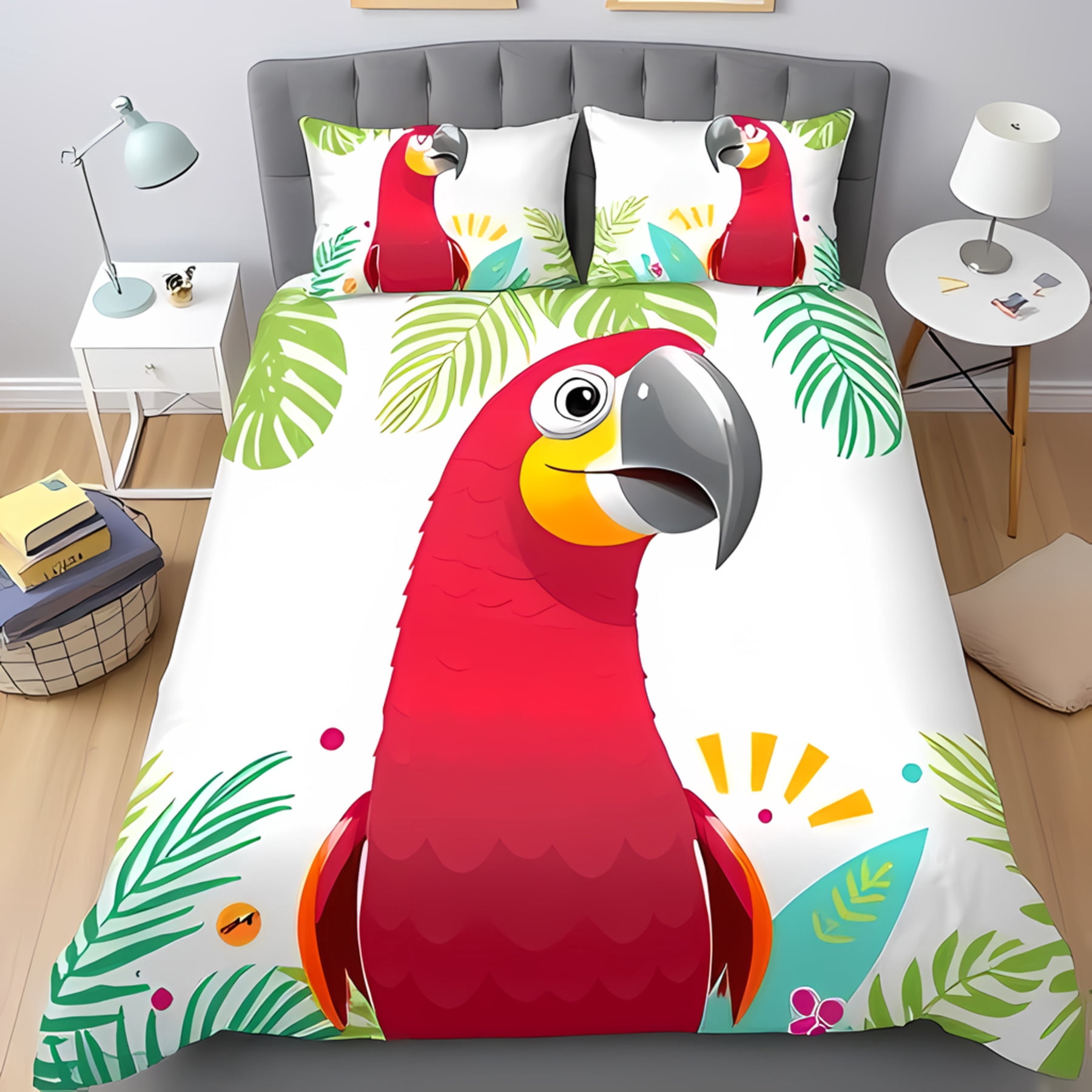 Colorful 3-Piece Duvet Cover Set with Large Red Parrot Design Yellow ...