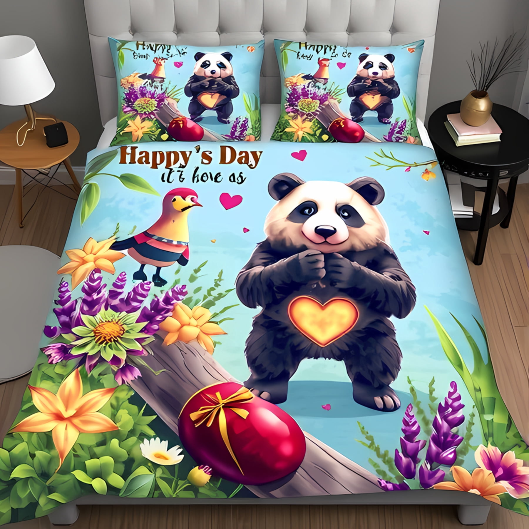 Colorful 3-Piece Duvet Cover Set with Panda and Heart Design Floral ...