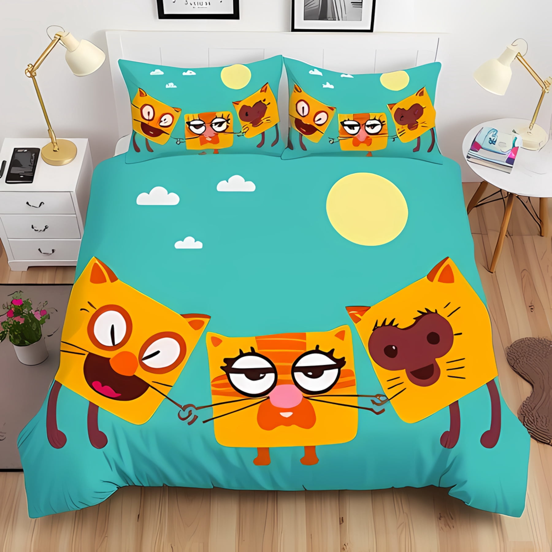 Colorful 3-Piece Duvet Cover Set with Playful Cartoon Cats Design ...
