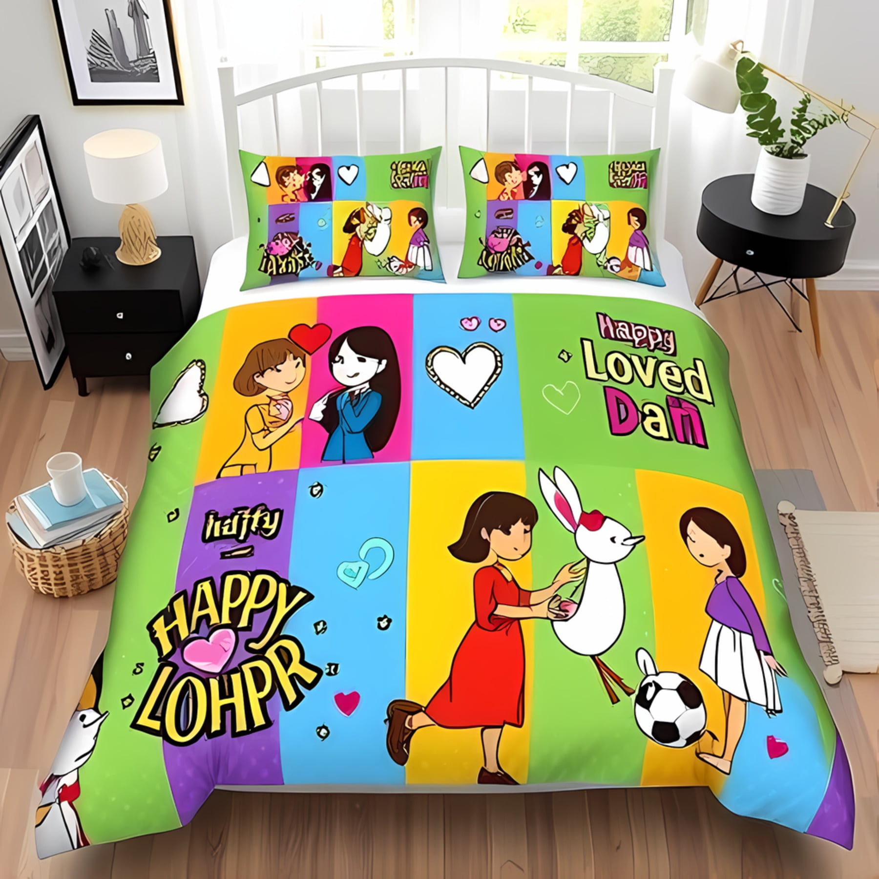 Colorful 3 Piece Duvet Cover Set With Playful Cartoon Characters Hearts And A Cheerful Rabbit