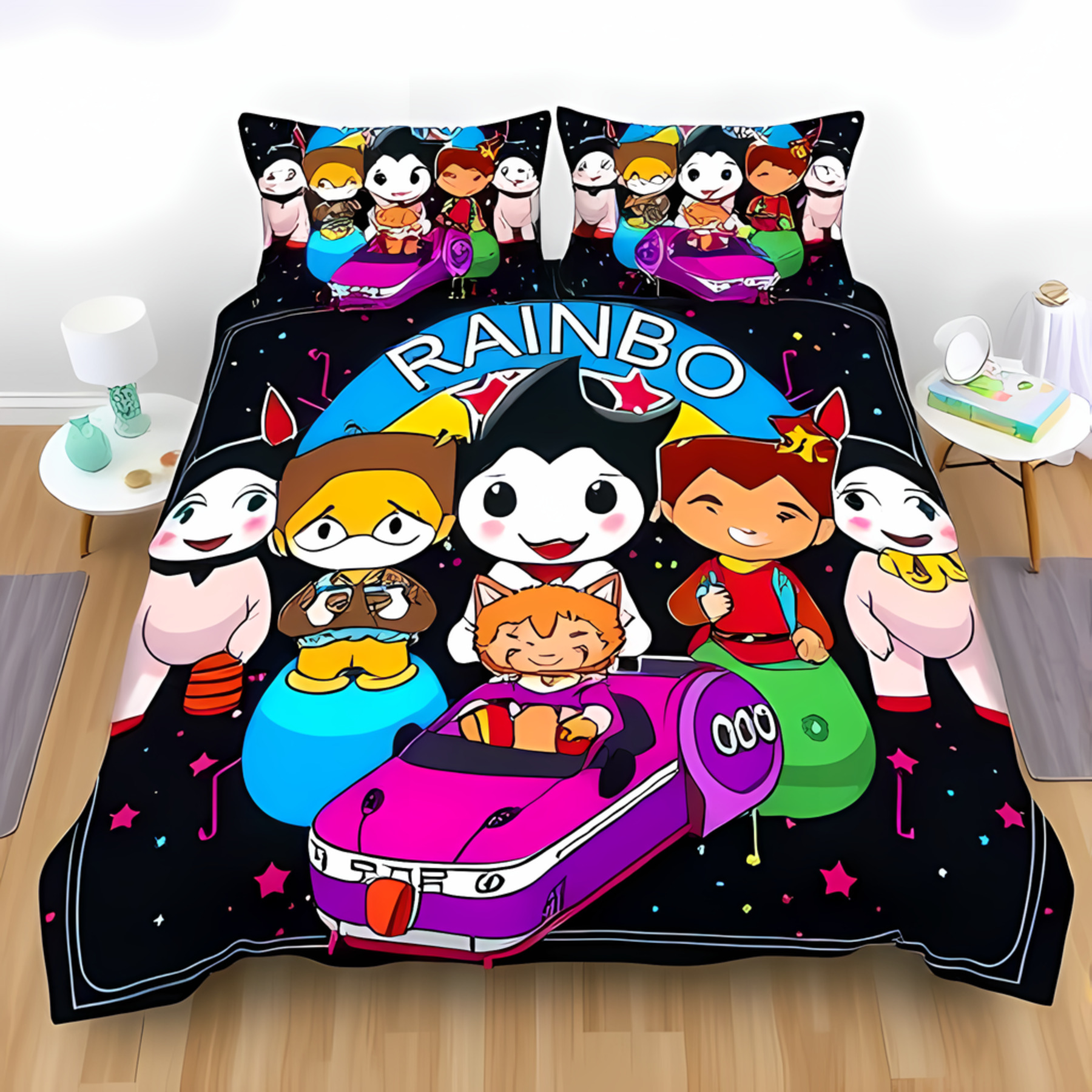 Colorful 3-Piece Duvet Cover Set with Playful Cartoon Characters in ...