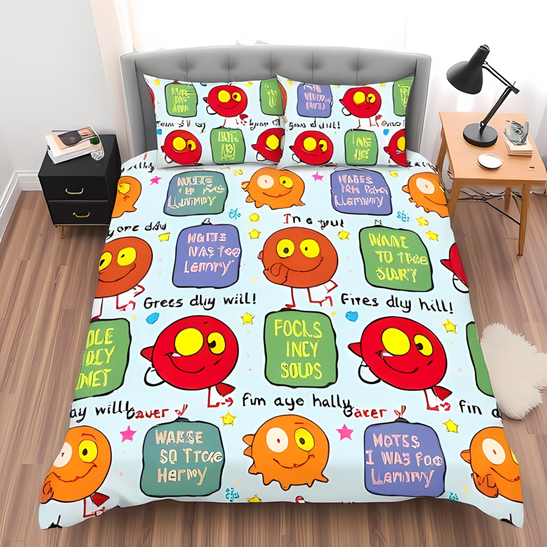 Colorful 3-Piece Duvet Cover Set with Playful Cartoon Design Featuring ...