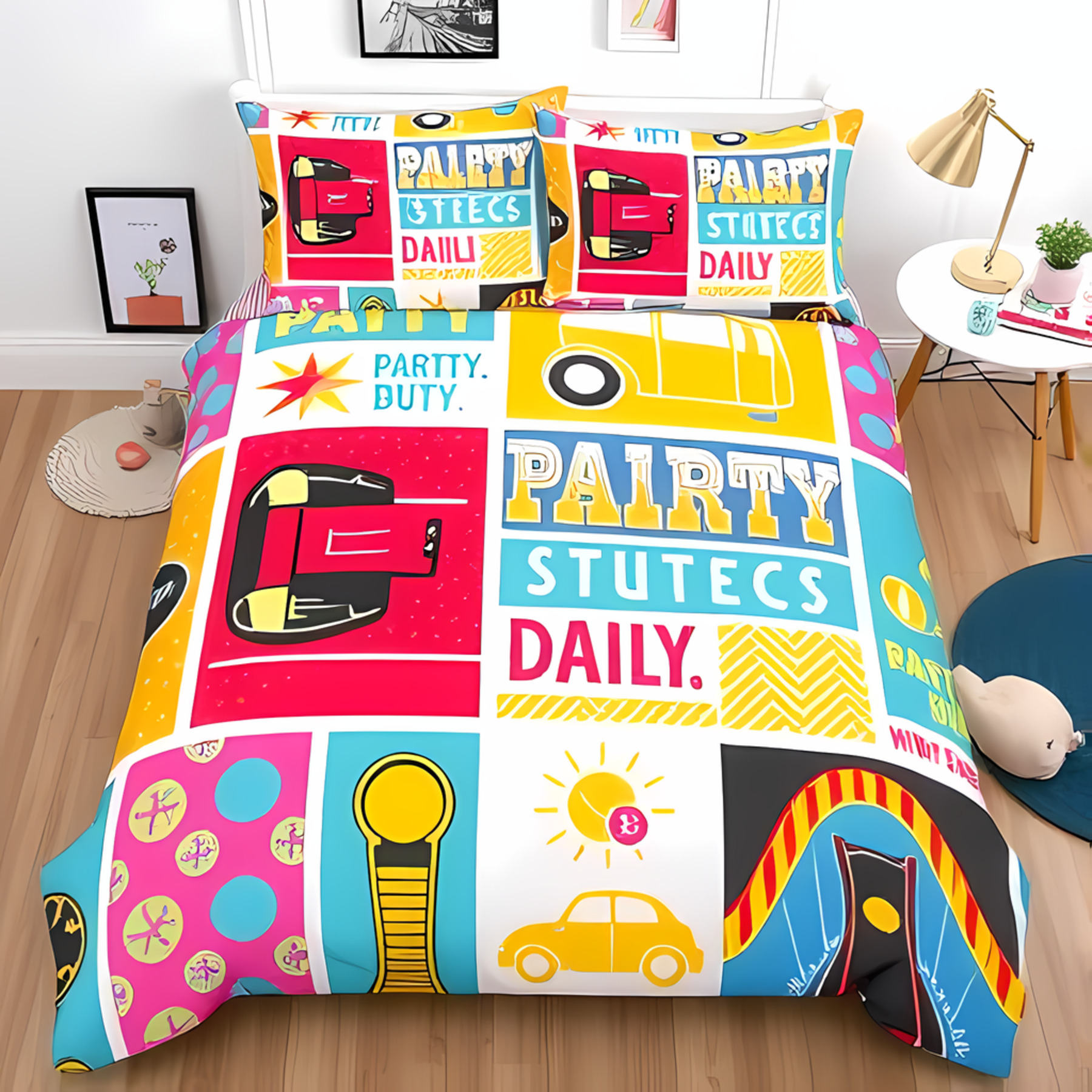 Colorful 3-Piece Duvet Cover Set with Playful Cartoon Design - Vibrant ...