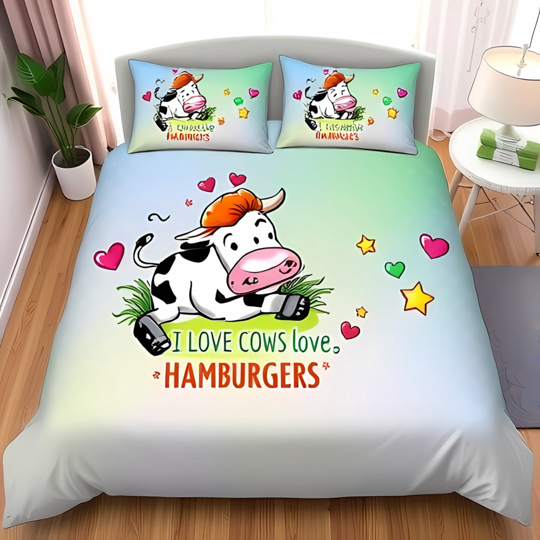 Colorful 3-Piece Duvet Cover Set with Playful Cow in Red Hat Hearts ...